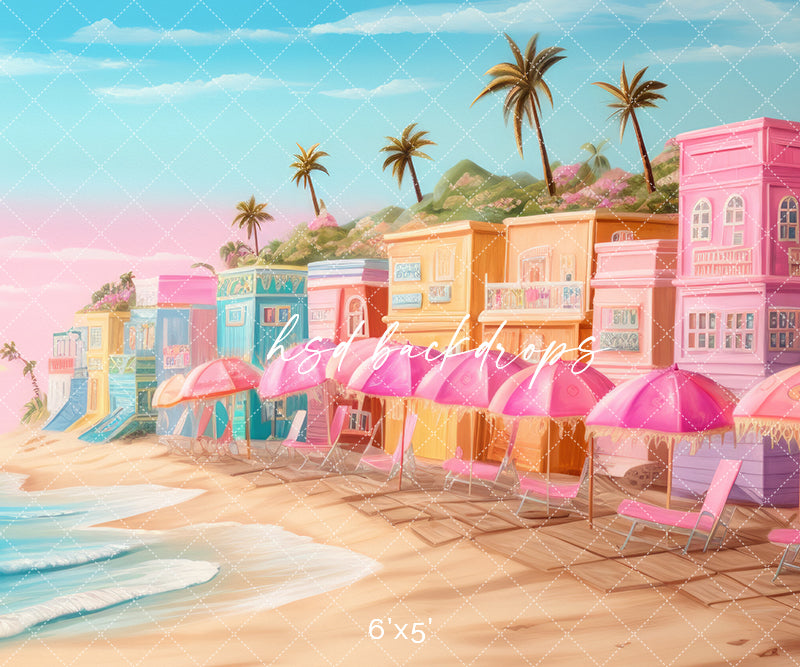 Dream House Beach backdrop with ocean and Malibu beach boardwalk