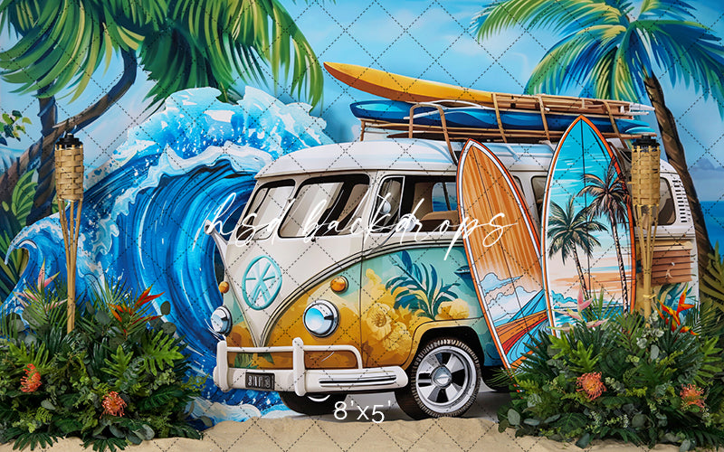 Retro Beach Van Summer Photography Backdrop