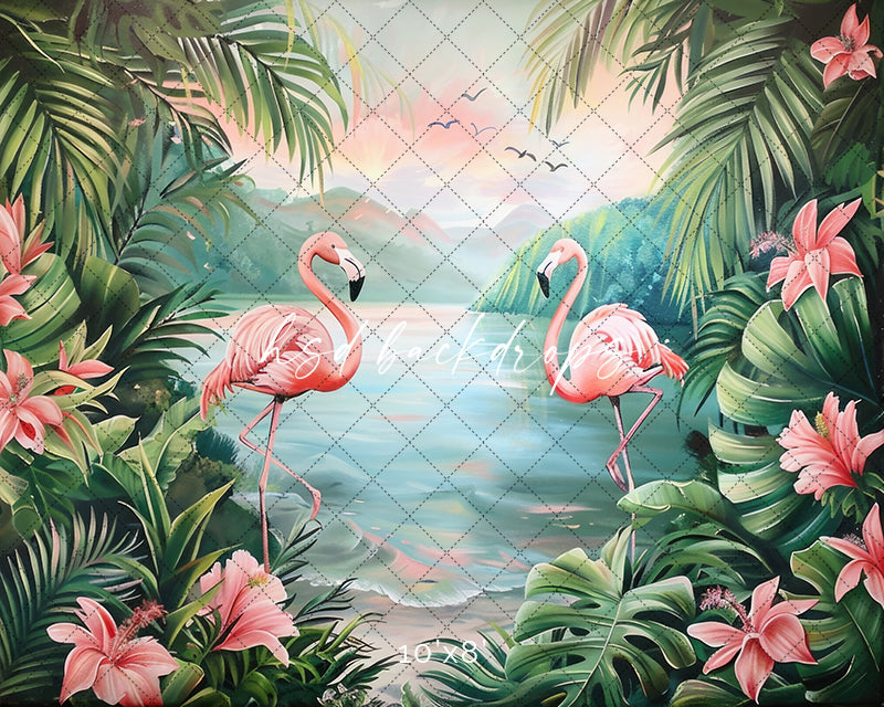 Tropical Beach Flamingos Photo Backdrop for Summer Photoshoot