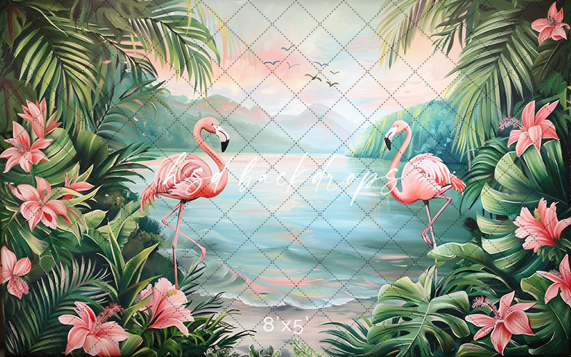 Tropical Beach Flamingos Photo Backdrop for Summer Photoshoot