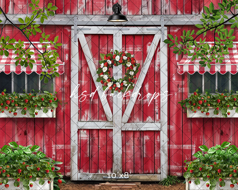 Red Barn Strawberry Photography Backdrop for Summer Photoshoot