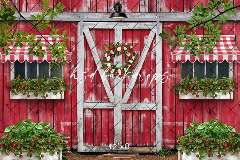 Red Barn Strawberry Photography Backdrop for Summer Photoshoot