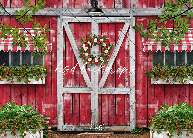 Red Barn Strawberry Photography Backdrop for Summer Photoshoot