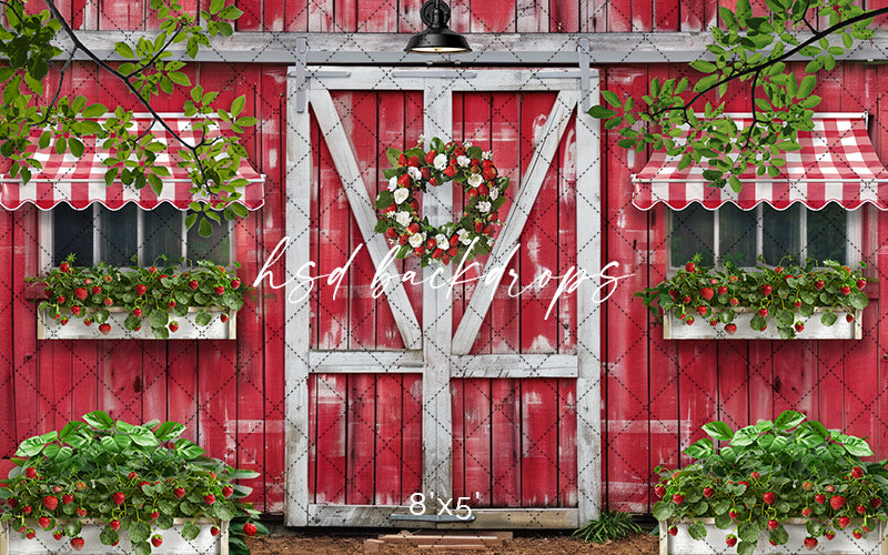 Red Barn Strawberry Photography Backdrop for Summer Photoshoot