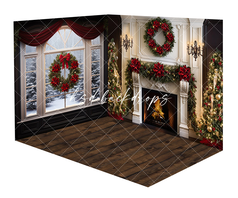Elegant Christmas Fireplace Photo Backdrop and Floor Combo - CHS50304
