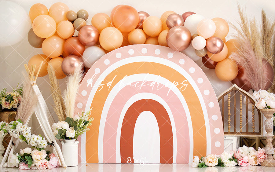 Boho Rainbow Backdrop with Balloons for Cake Smash Studio Portraits