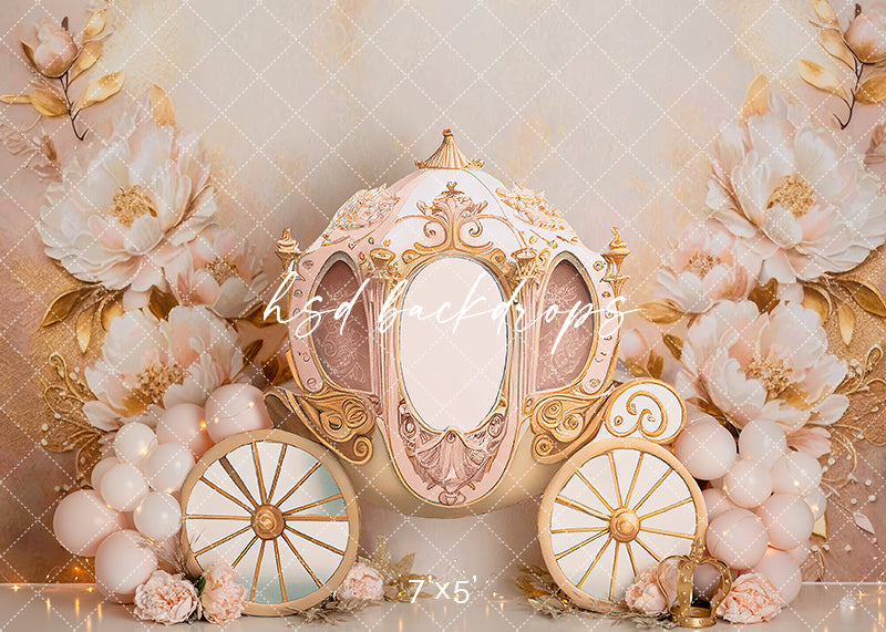 Pink and Gold Princess Carriage Backdrop for Birthday Cake Smash Photo