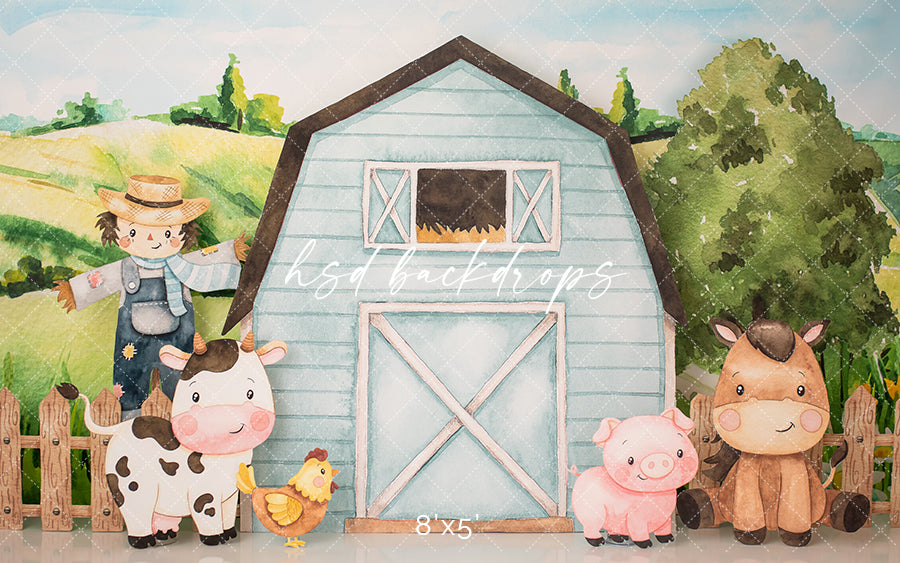 Blue Barnyard Backdrop for Farm Animal Theme Birthday Cake Smash Photo