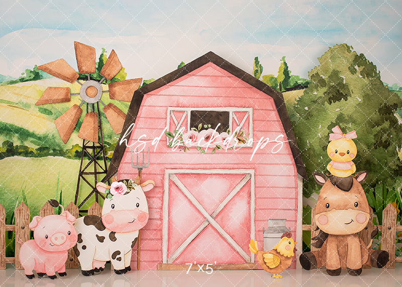 Pink Barnyard Backdrop for Farm Animal Theme Birthday Cake Smash Photo