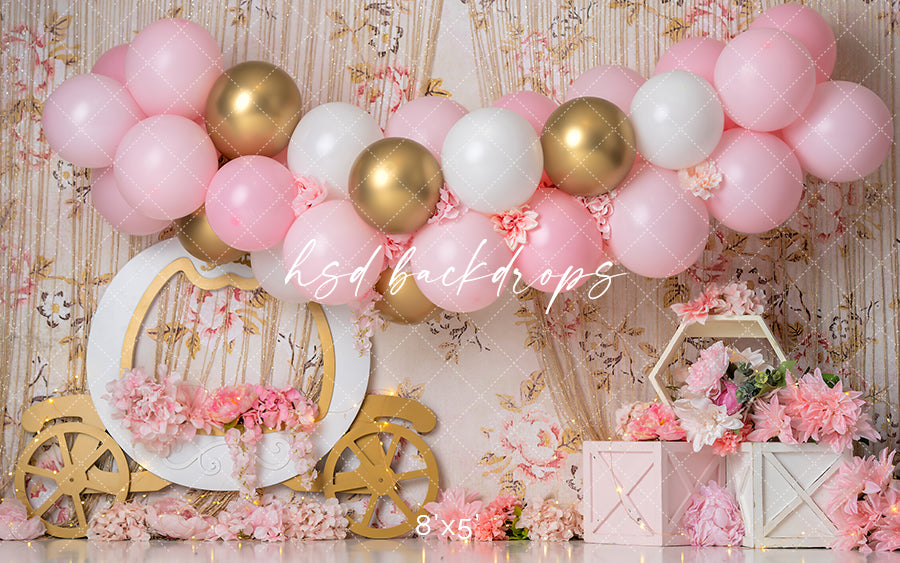 Pink and Gold Princess Carriage Backdrop for Birthday Cake Smash Photo