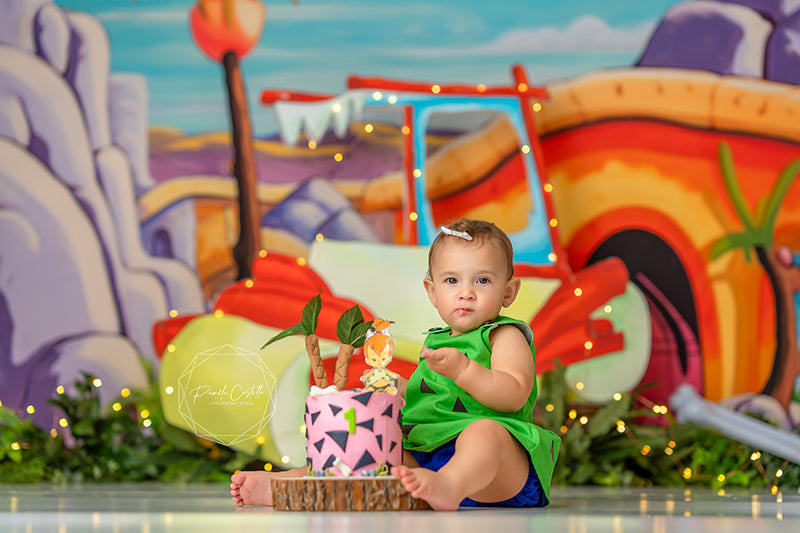 Inspired by Flintstones Backdrop with Bedrock House for Cake Smash