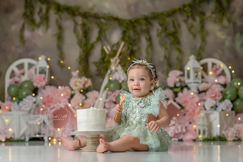 Boho Balloon Backdrop for Fall Birthday Girl Cake Smash Portraits