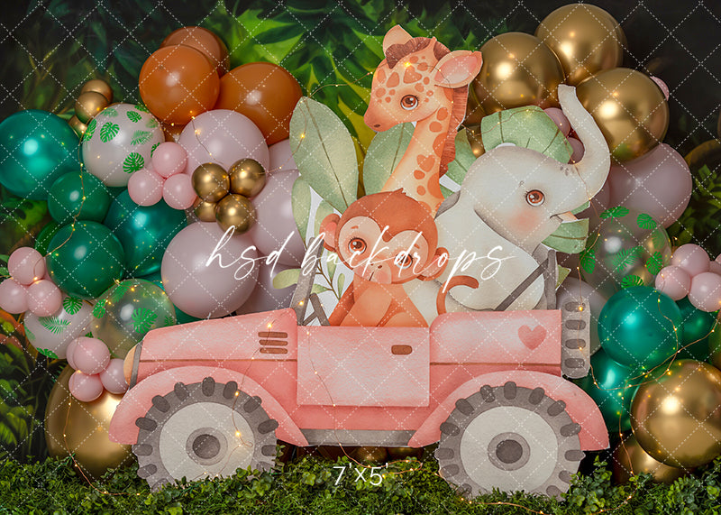 Girl Safari Birthday Backdrop for Jungle Themed Cake Smash Photoshoot