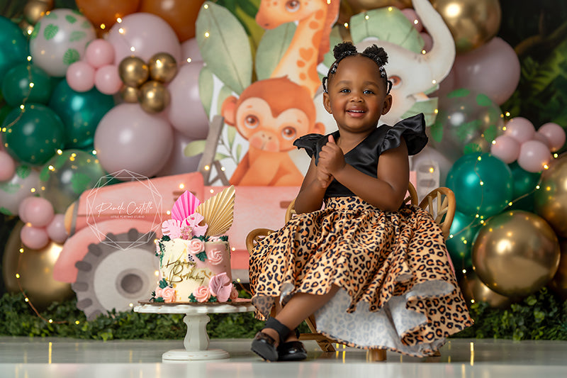 Girl Safari Birthday Backdrop for Jungle Themed Cake Smash Photoshoot