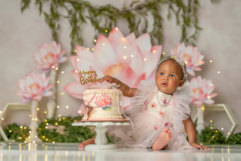 Little Lotus Flower Cake Smash Birthday Girl Photo Backdrop