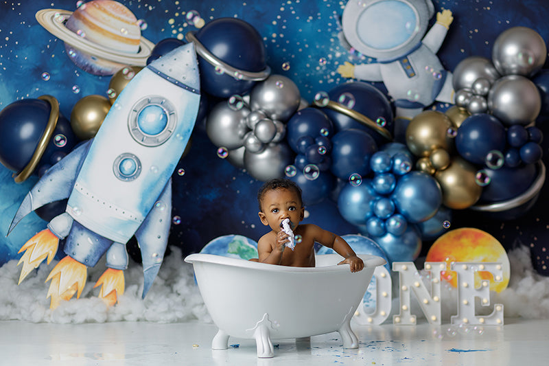 Space Theme Backdrop for Birthday Cake Smash Photoshoot