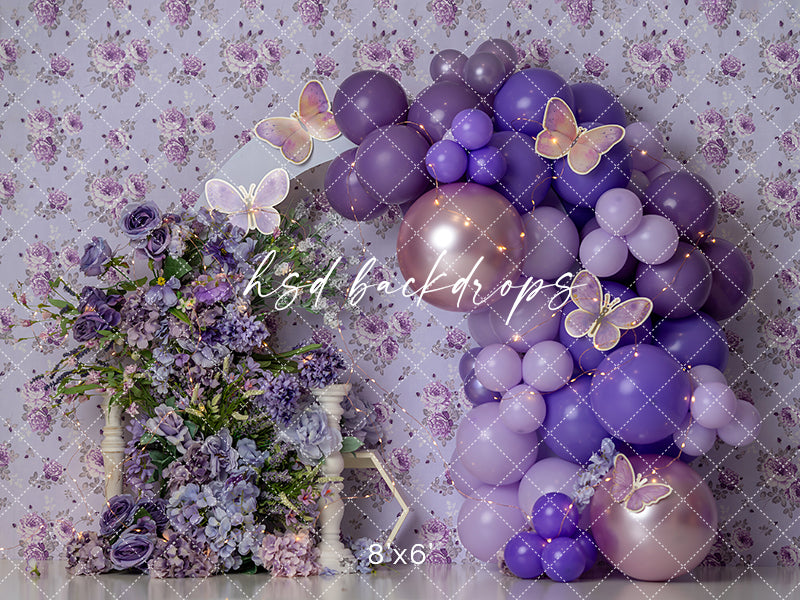 Purple Floral Balloon with Butterflies Backdrop for Cake Smash Photos