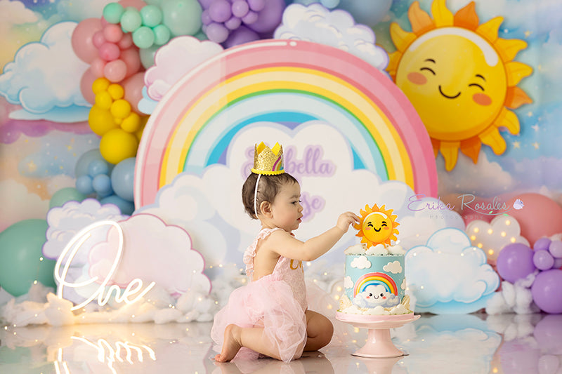 Little Sunshine & Rainbow Birthday Backdrop for Cake Smash Photoshoot