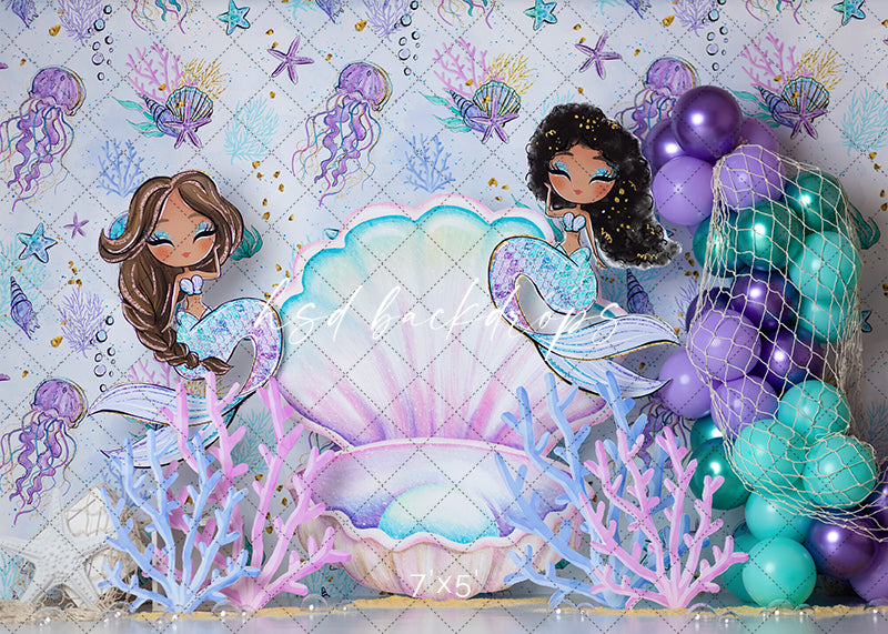 Happy Mermaids Birthday Backdrop for Cake Smash Photos