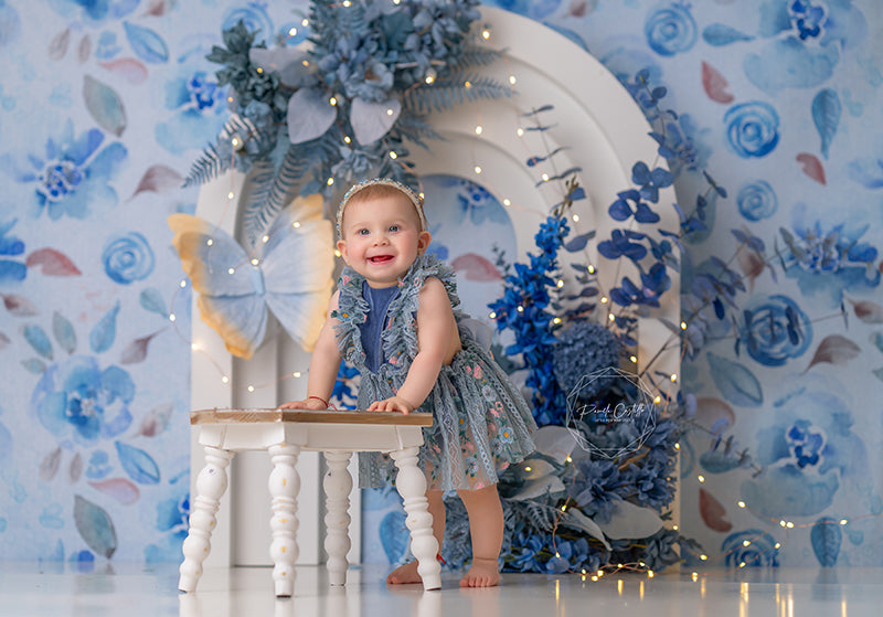 Blue Butterfly Arch Cake Smash Birthday Photography Backdrop