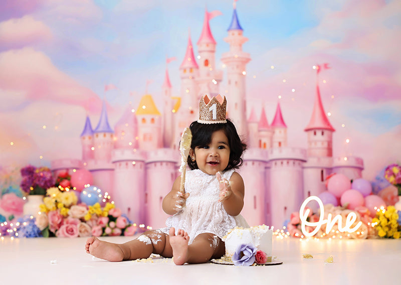 Colorful Princess Castle Photo Backdrop for Cake Smash Birthday Photos