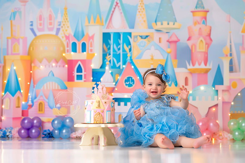 It's a Small World Pastel Castle Birthday Backdrop for Photography