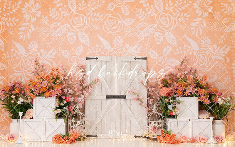 Peach Floral Birthday Cake Smash Photo Backdrop for Girls