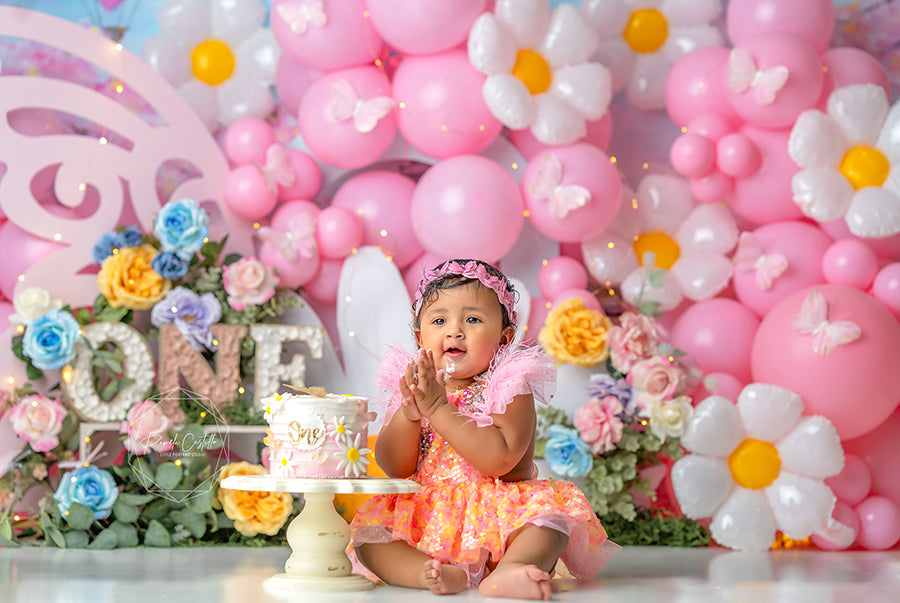 Daisy Birthday Cake Smash Photo Backdrop with Balloons and Butterflies