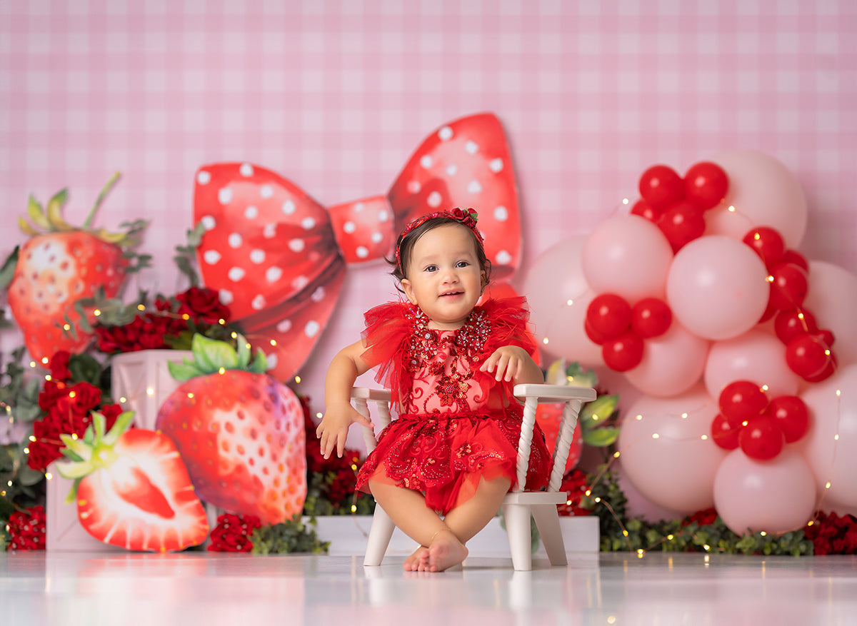 Strawberry Bow Berry 1st Birthday Cake Smash Photography Backdrop