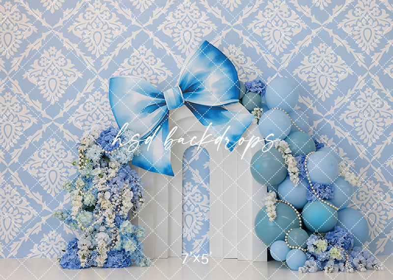 Blue Coquette Toile Birthday Cake Smash Photography Backdrop