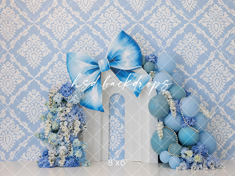 Blue Coquette Toile Birthday Cake Smash Photography Backdrop