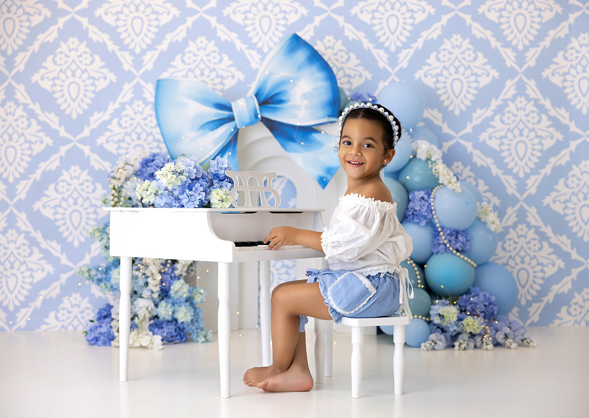 Blue Coquette Toile Birthday Cake Smash Photography Backdrop