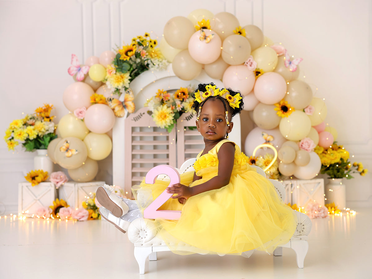 Yellow Floral Birthday Cake Smash Photography Backdrop for Girls