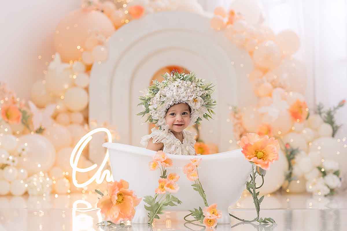 Perfectly Peach Floral Arch with Butterflies Cake Smash Photo Backdrop ...