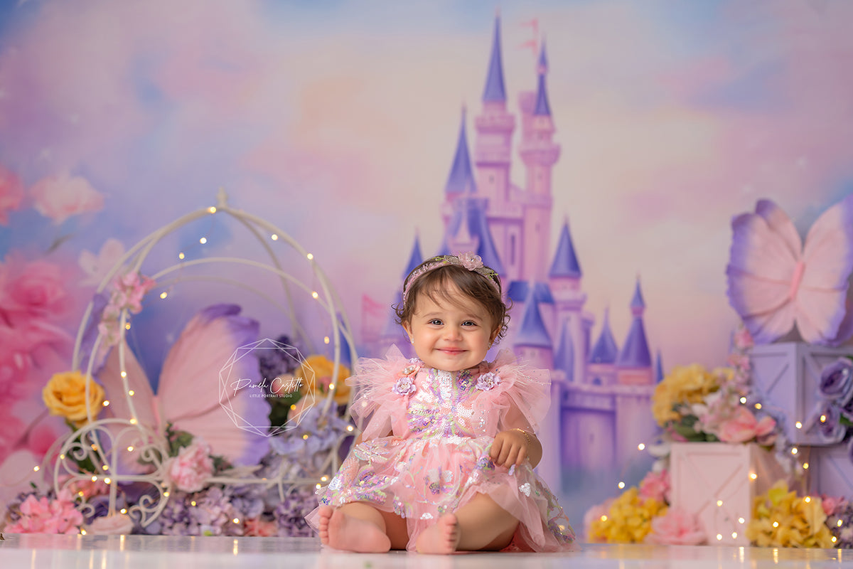 Purple Princess Castle 1st birthday cake smash backdrop