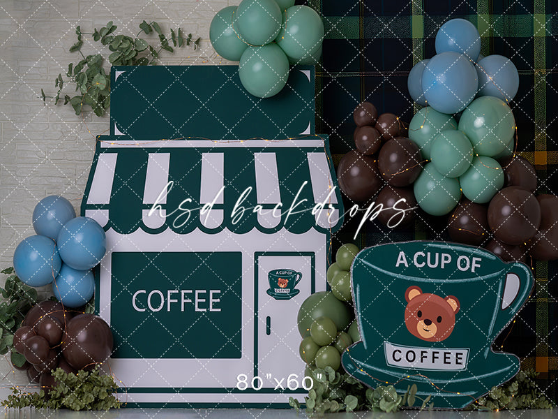 Snuggle Sips coffee theme cake smash first birthday photo backdrop ...