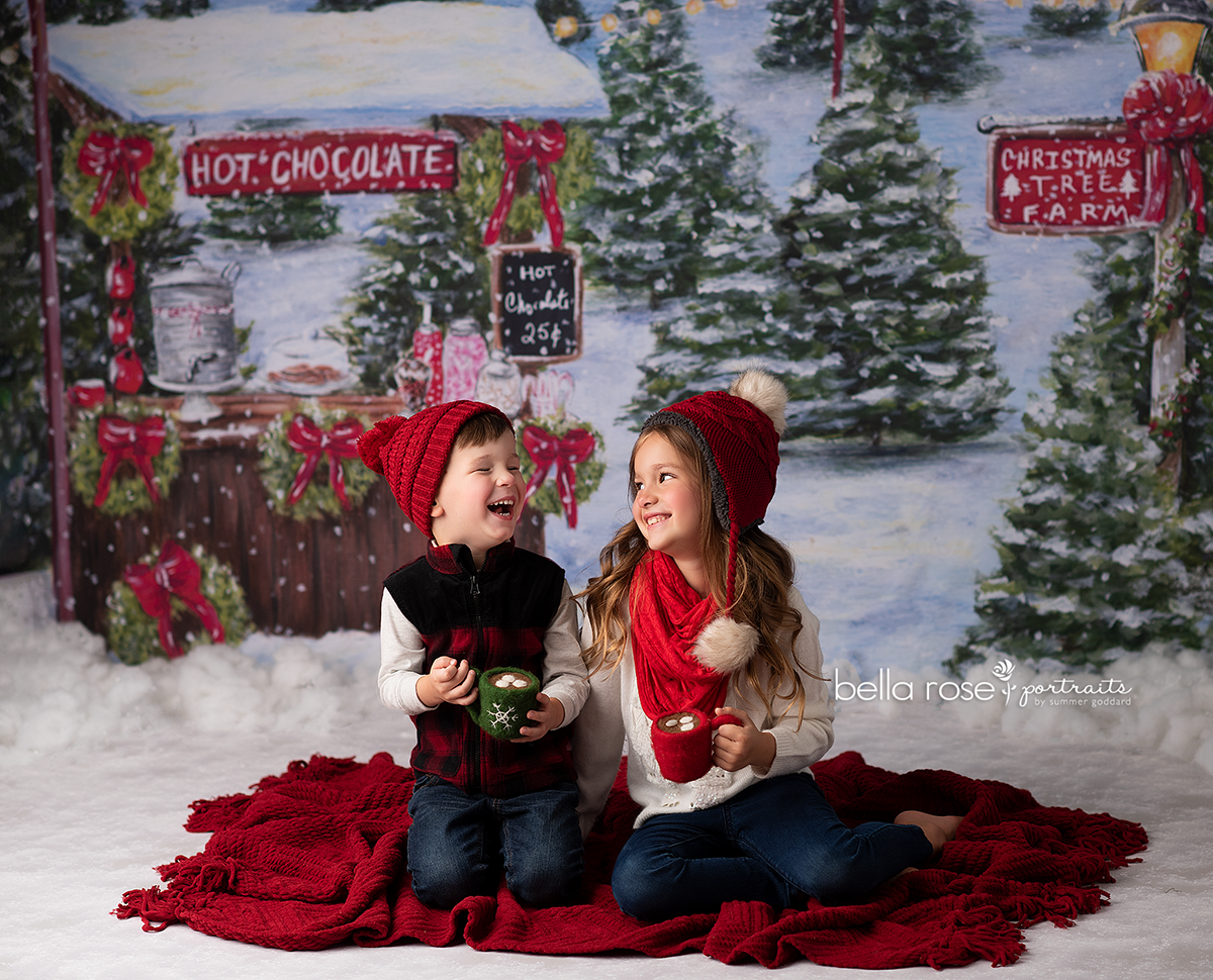 Hot Chocolate Mini Sessions Christmas Tree Farm Photography Backdrop