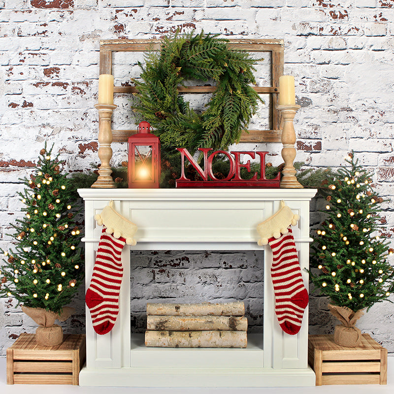 Rustic Christmas Fireplace Photo Backdrop Christmas Picture Background