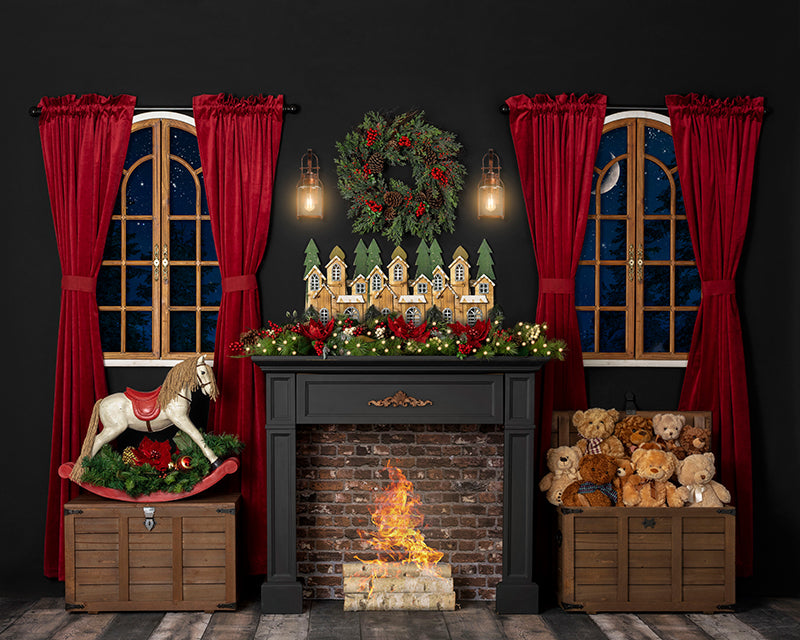 Christmas Night Backdrop with Fireplace for Pictures