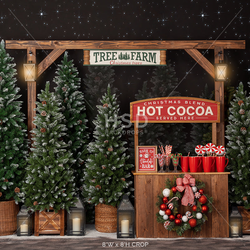 Christmas Tree Farm Backdrop with Hot Cocoa Stand