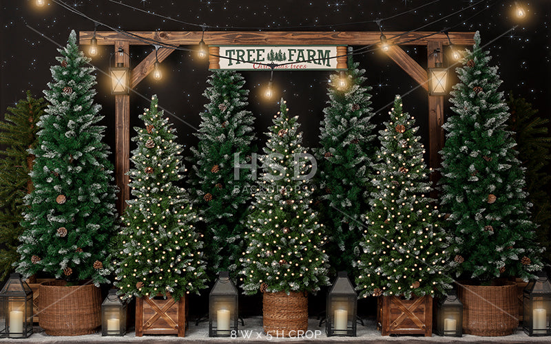 Christmas Tree Farm Backdrop with Hanging Lights