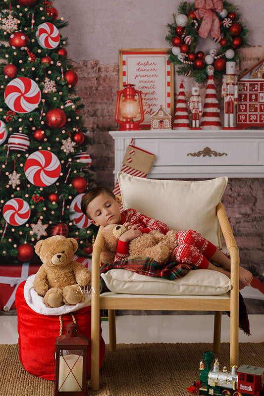 Rustic Christmas candy cane backdrop with fireplace and Christmas tree