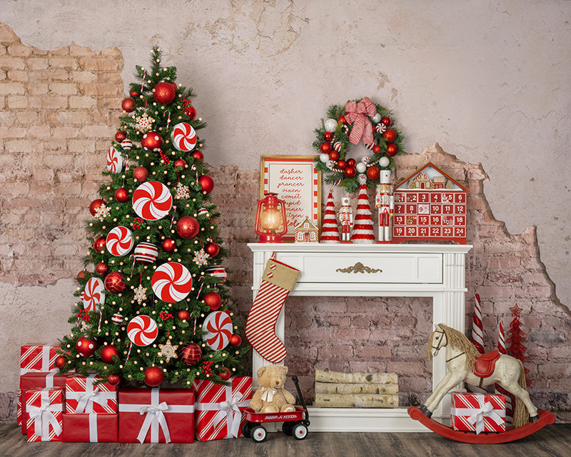 Rustic Christmas candy cane backdrop with fireplace and Christmas tree