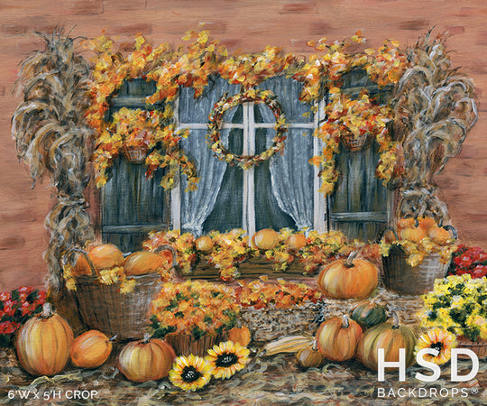 Autumn Photography Backdrop with Fall Window Pumpkins and Sunflowers ...