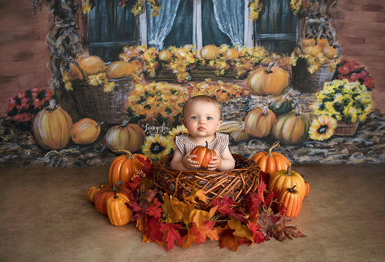 Autumn Photography Backdrop with Fall Window Pumpkins and Sunflowers ...