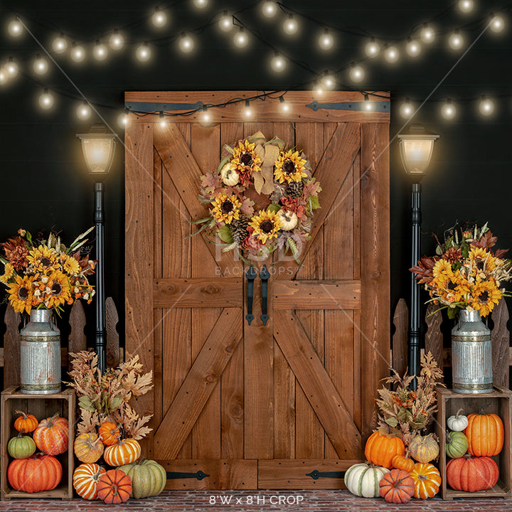 Fall Backdrop with Barn Door and Pumpkins for Pictures
