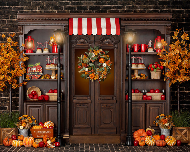 Fall Photo Backdrop for Pictures with Apples and Autumn Store Front