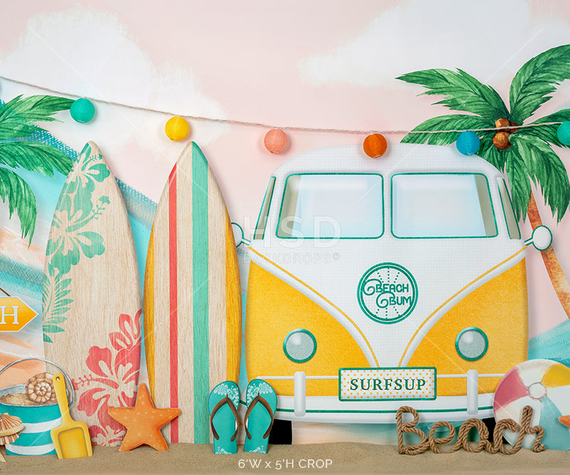 Summer Backdrop with Beach Van. Surfing Summer Themed Backdrop