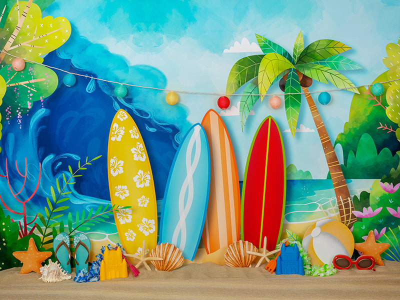 Surfing Summer Photography Backdrop. Summer Birthday Backdrop.