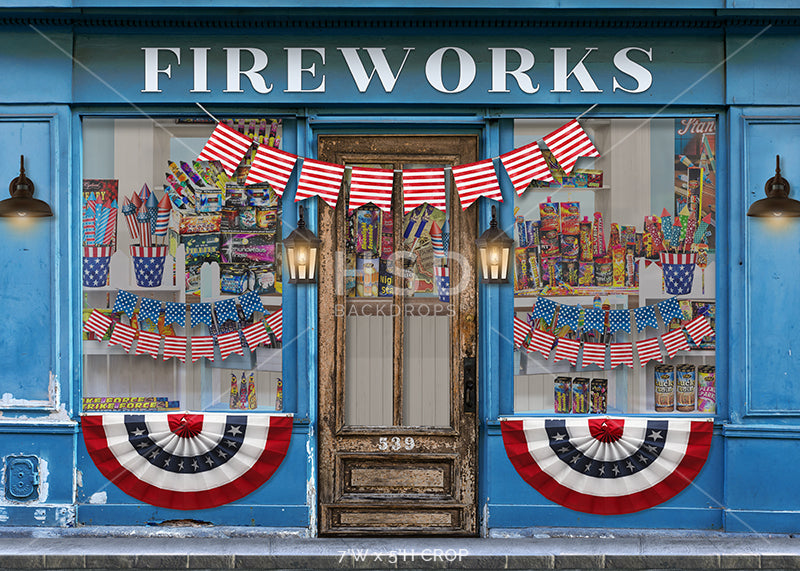 Patriotic 4th of July Photo Backdrop of Vintage Fireworks Shop